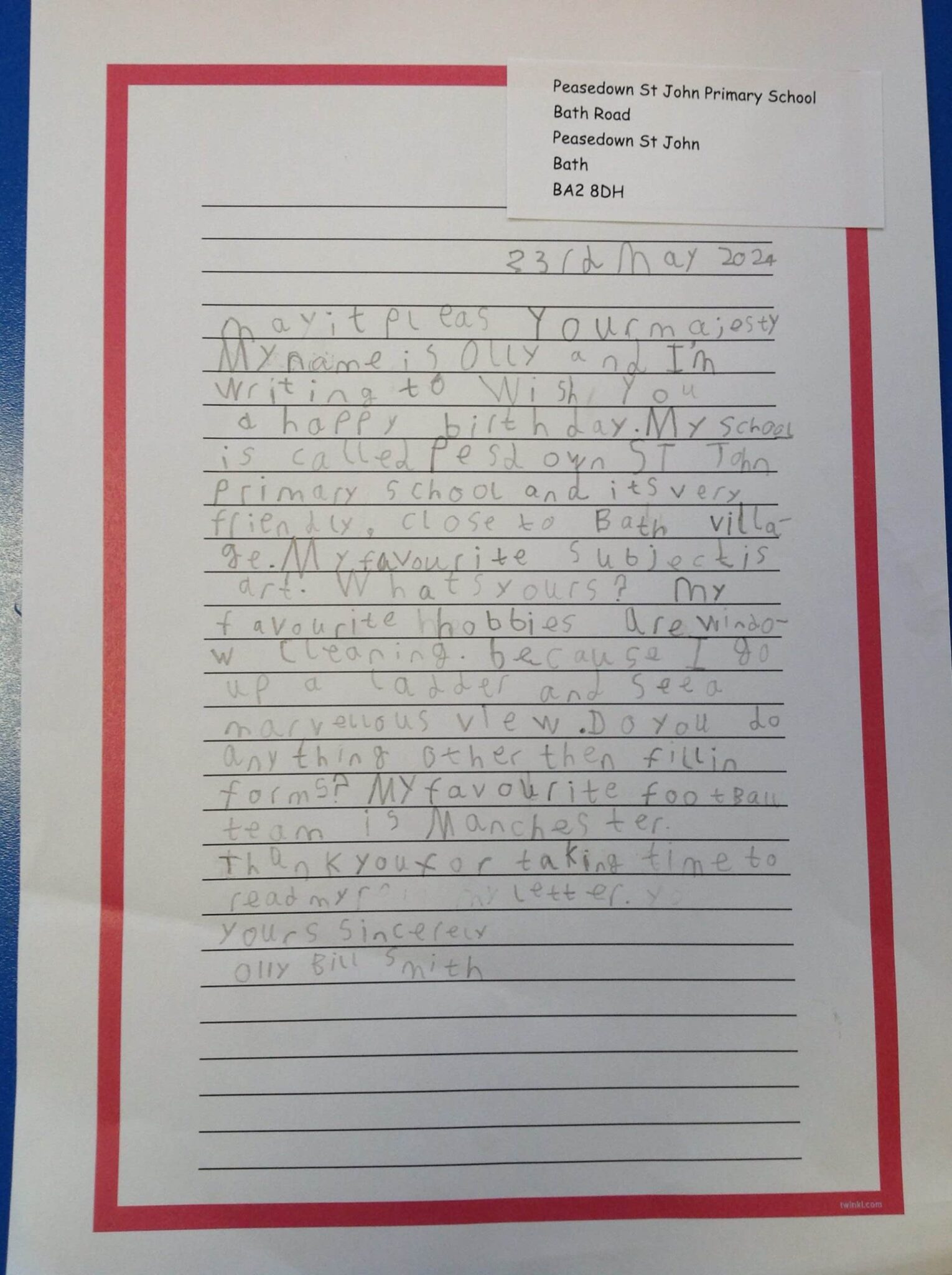 Y2 write letters to King Charles - Peasedown St John Primary School